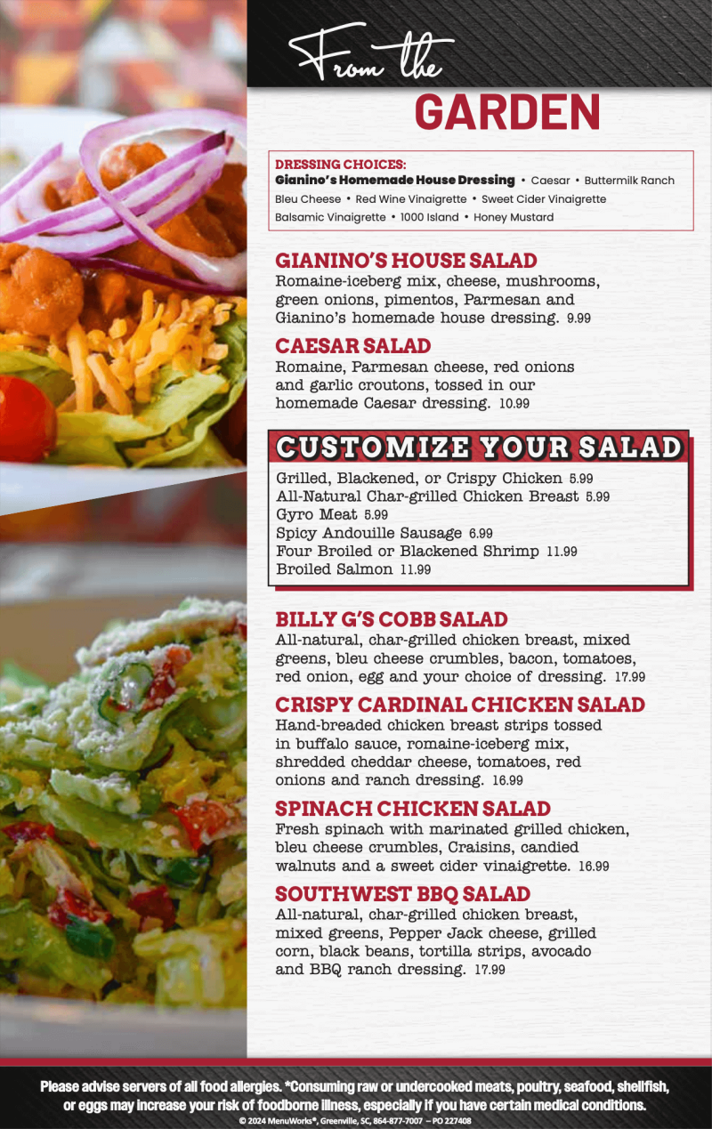 Lunch & Dinner Menu - Billy G's Chesterfield