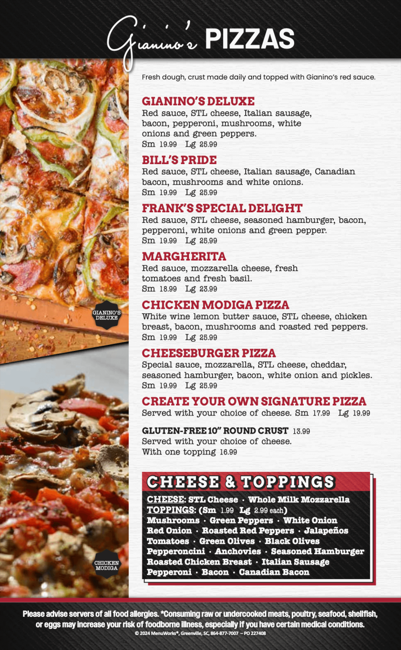 Lunch & Dinner Menu - Billy G's Chesterfield