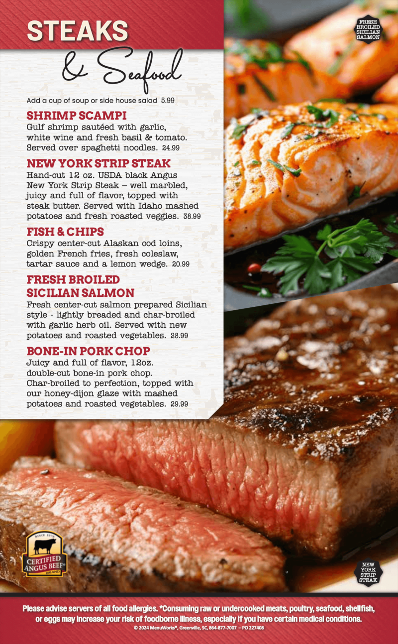 Lunch & Dinner Menu - Billy G's Chesterfield